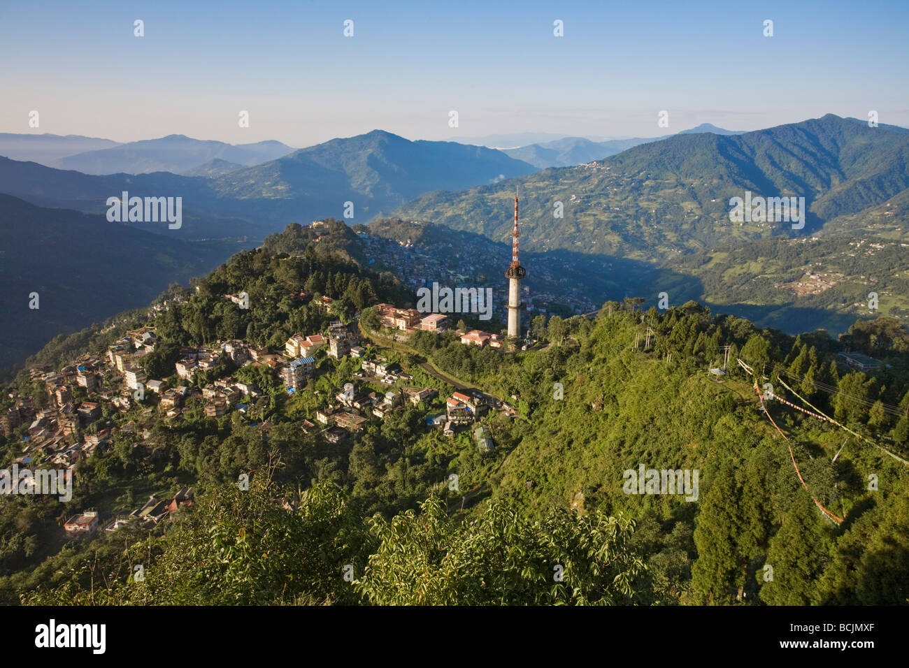 India, Sikkim, Gangtok, View of city and Telecommunications tower from ...