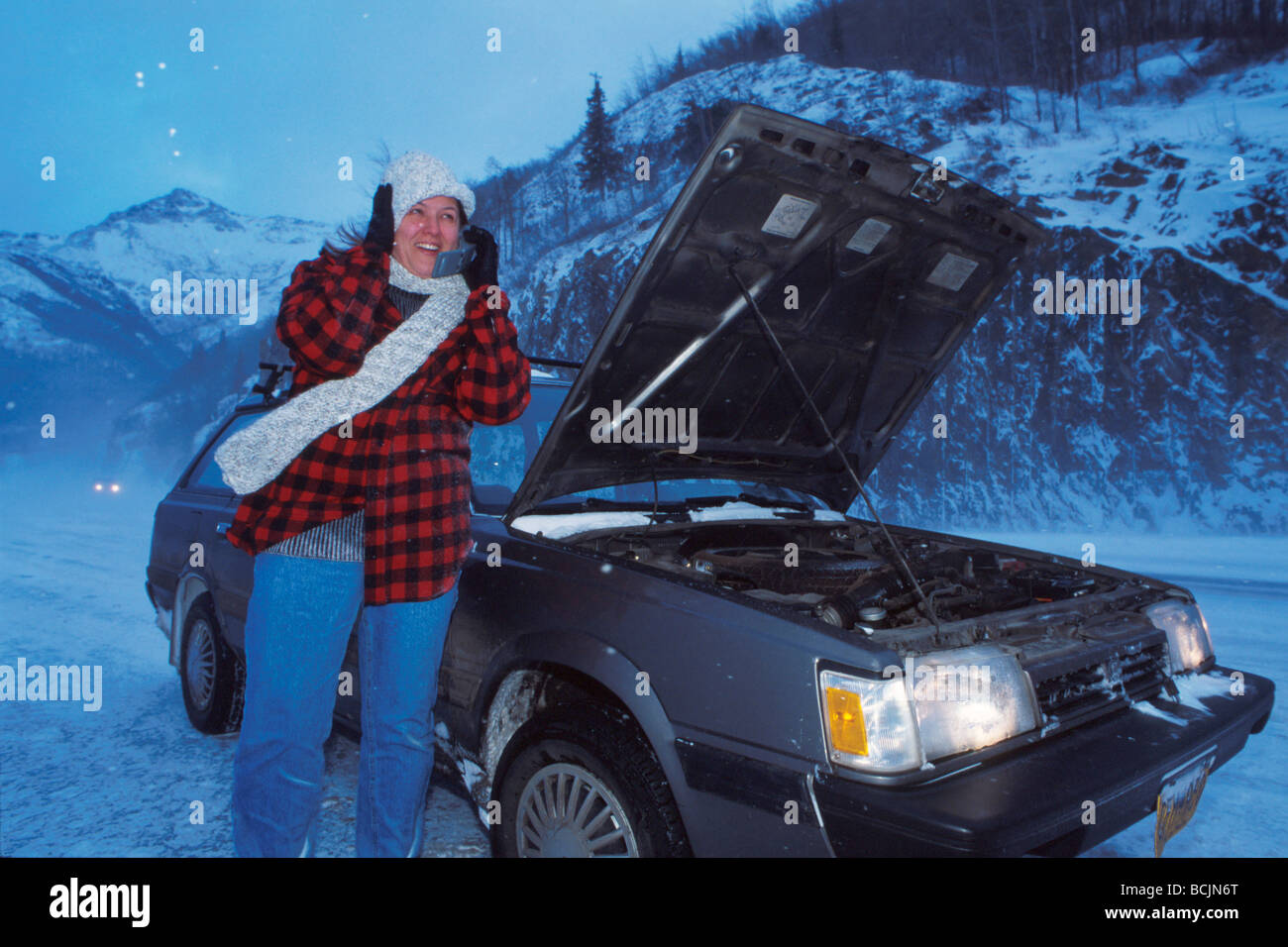 Woman Stranded by Roadside Stalled Car Snowstorm AK Cellular Phone ...