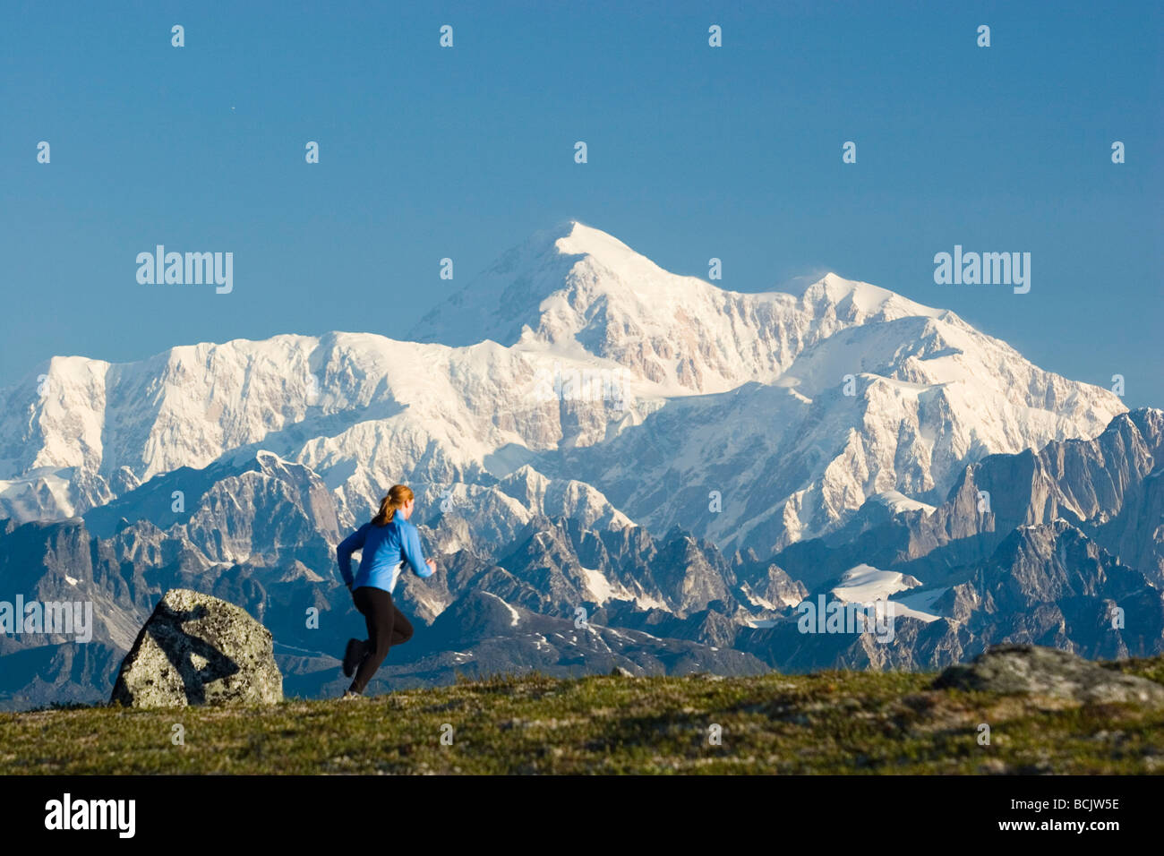 Female runs Kesugi Ridge in Denali State Park with Mt McKinley & the ...