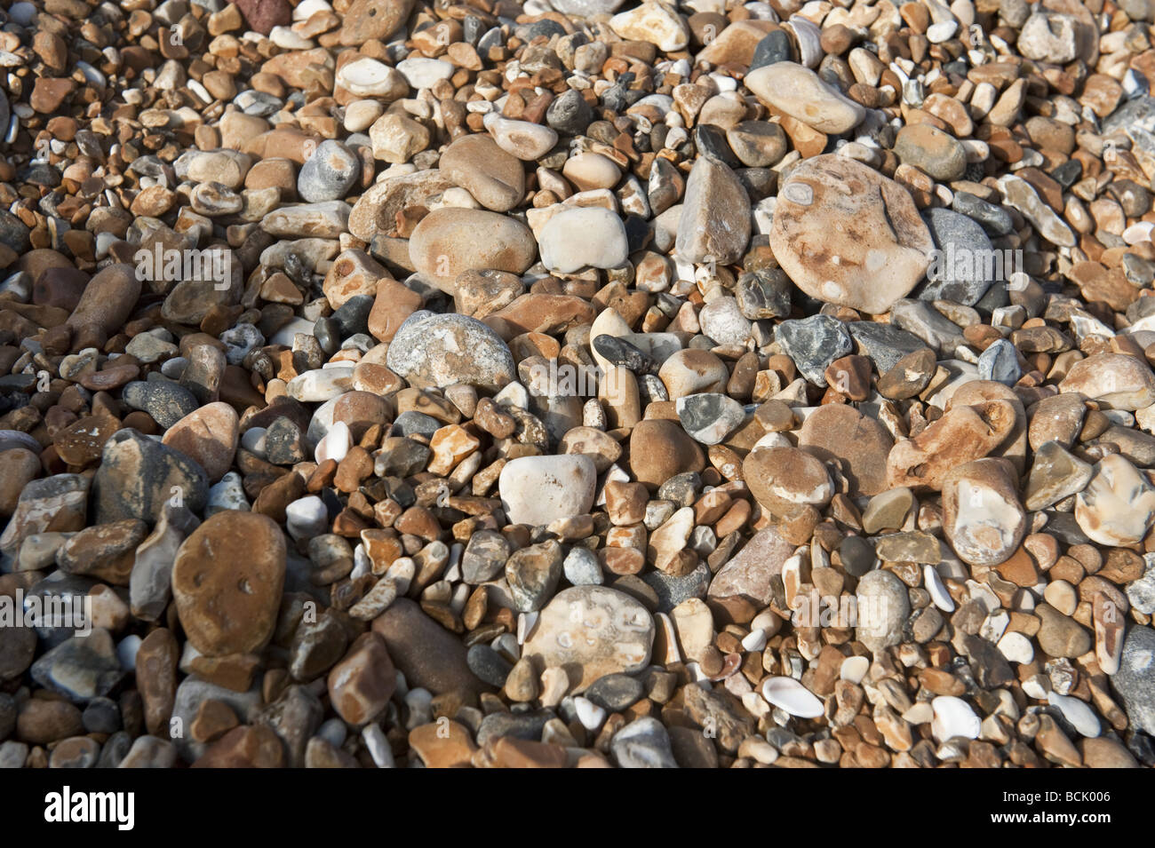 Close up of the texture of mixed sized smooth edged pebbles, stones and ...