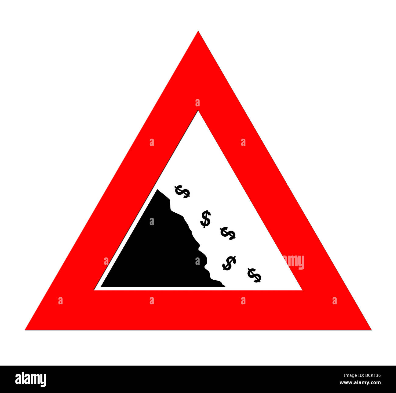 Dollar currency symbols falling off cliff in warning roadsign triangle ...
