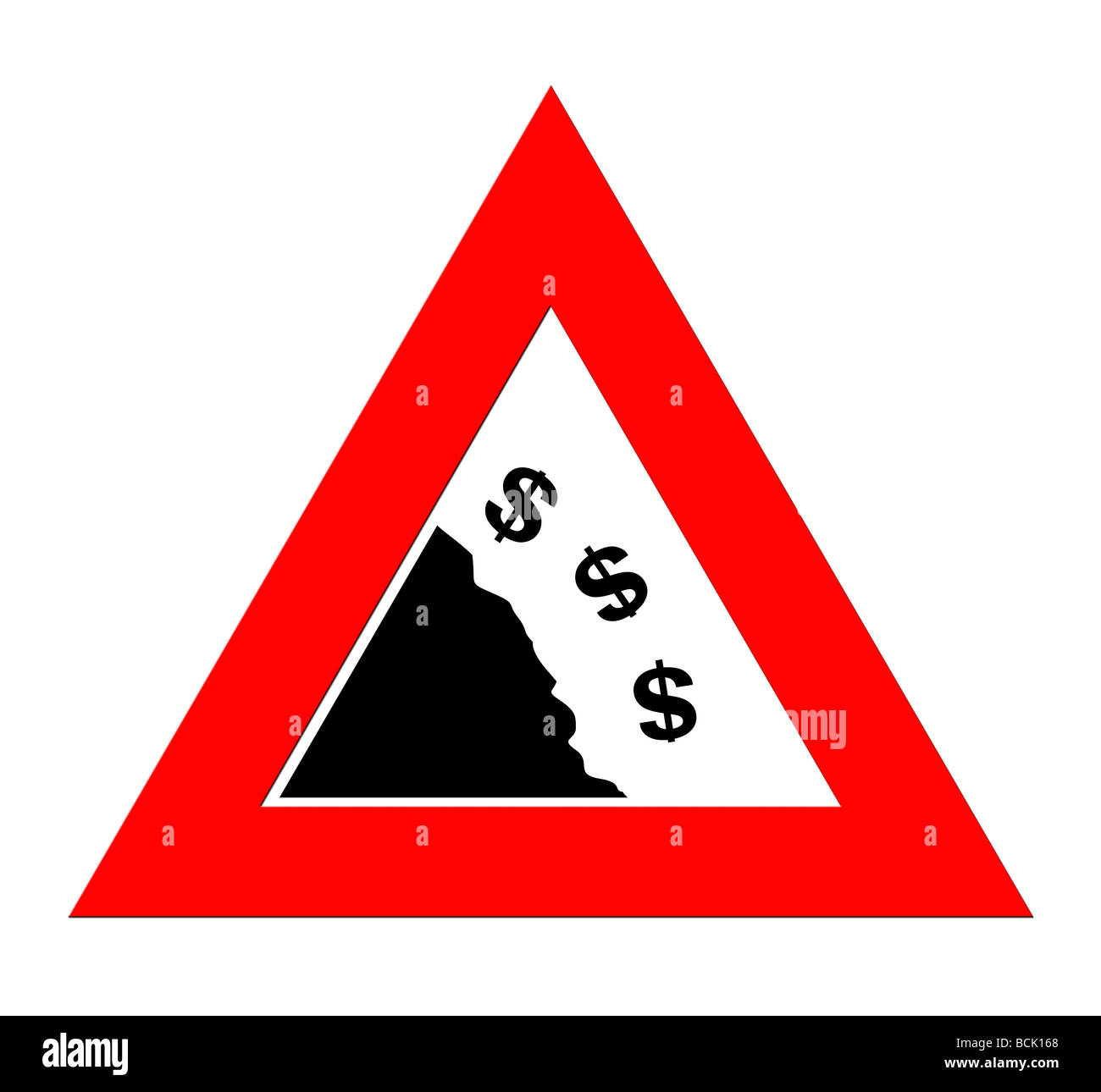 Dollar currency symbols falling off cliff in warning roadsign triangle ...