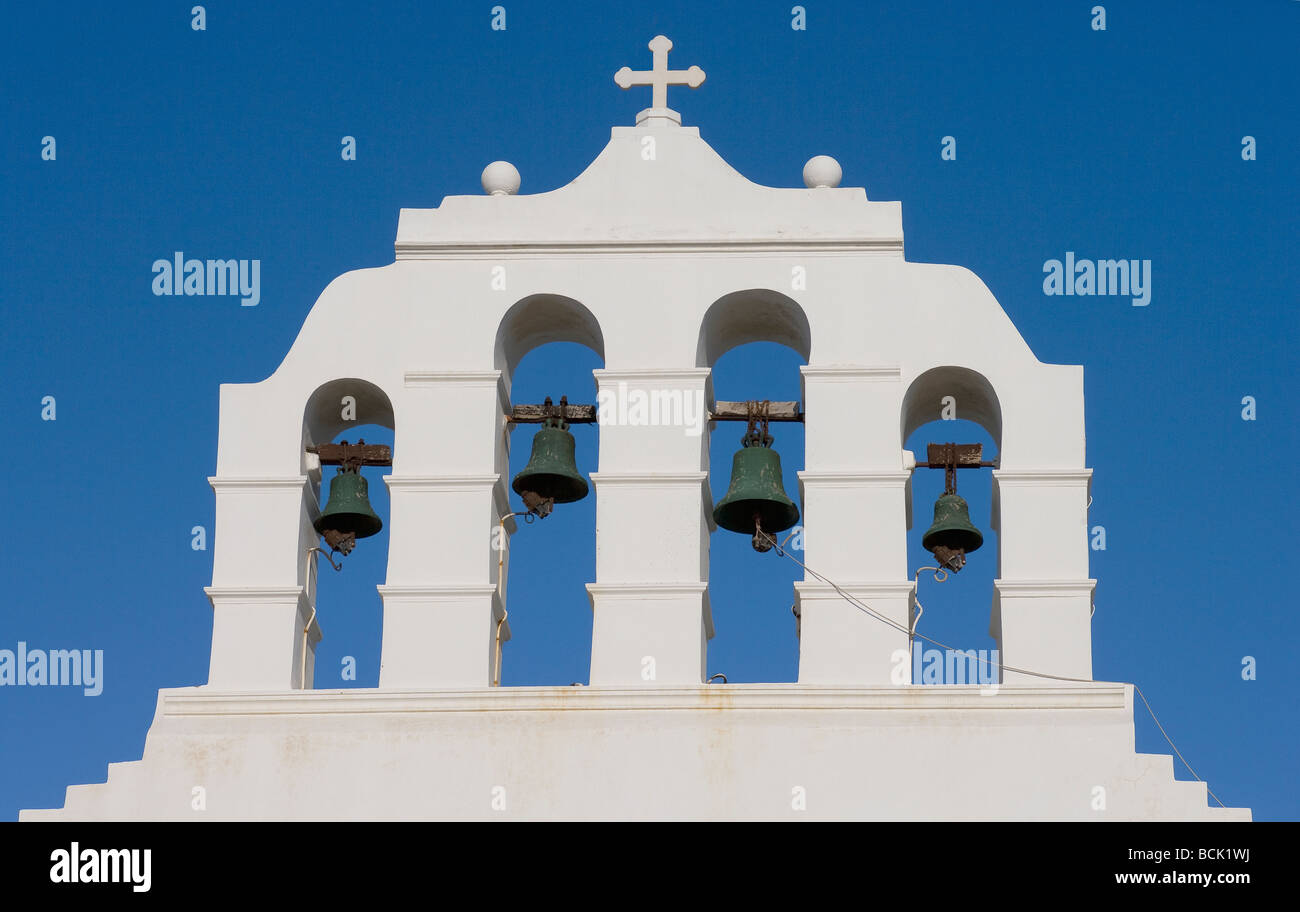 Four church bells in the bell tower of a Greek church on the Greek ...