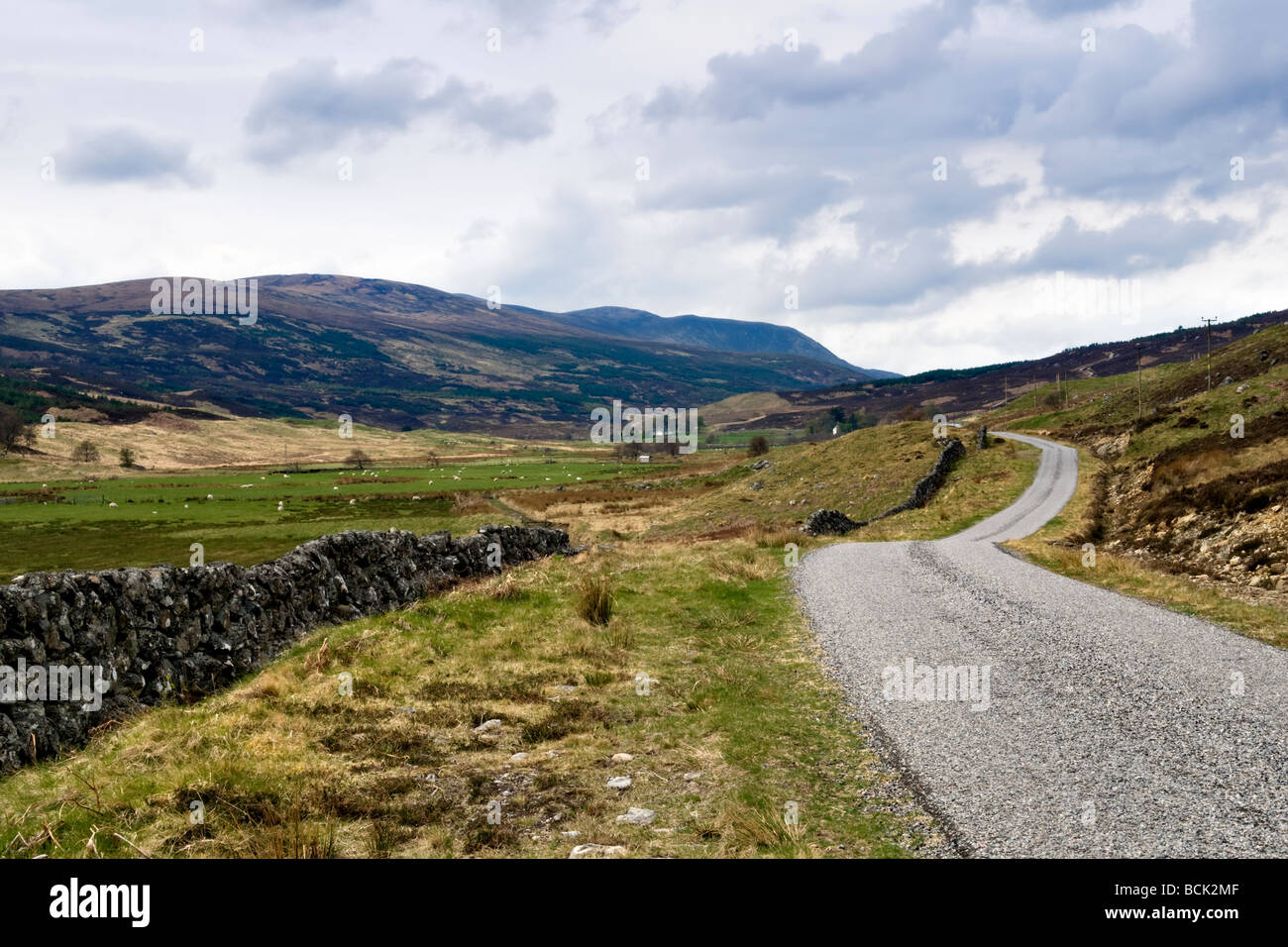 Single track winding road to Croick Church from Ardgay in Sutherland ...