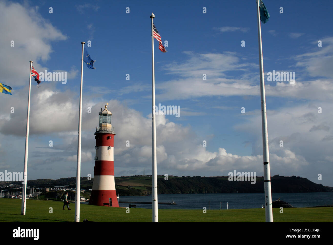 Flags and Lighthouse at Plymouth Hoe, Devon Stock Photo - Alamy