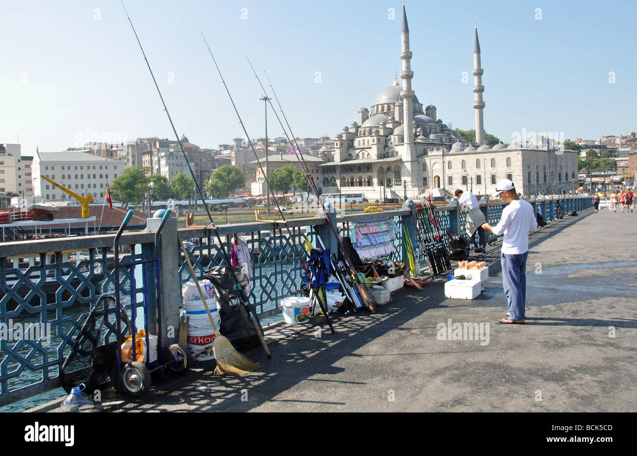 Fishing from the Galata Bridge into the Bosphorus in Istanbul, Turkey ...