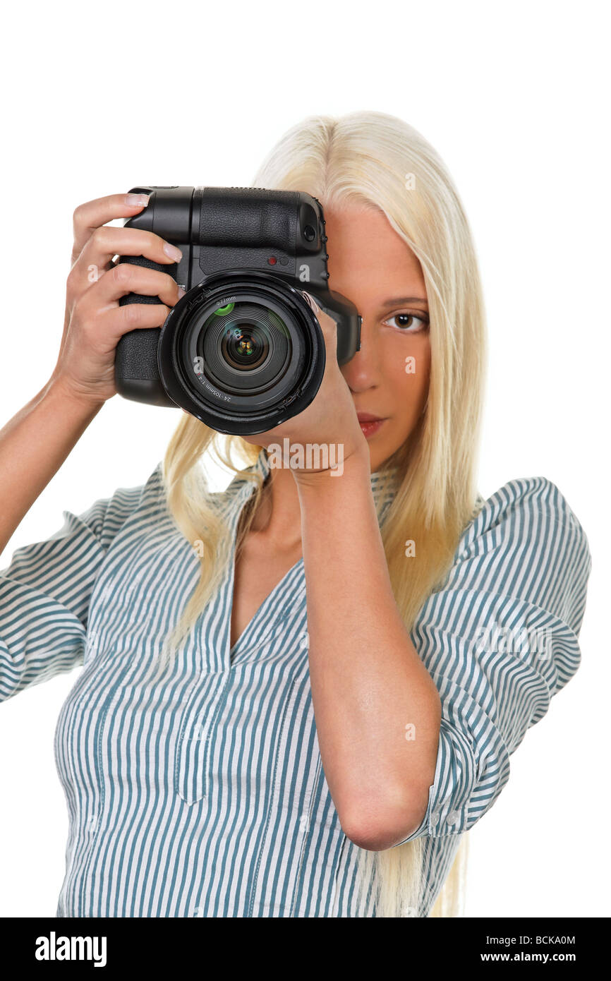 Young woman takes photo with a digital SLR camera Stock Photo - Alamy