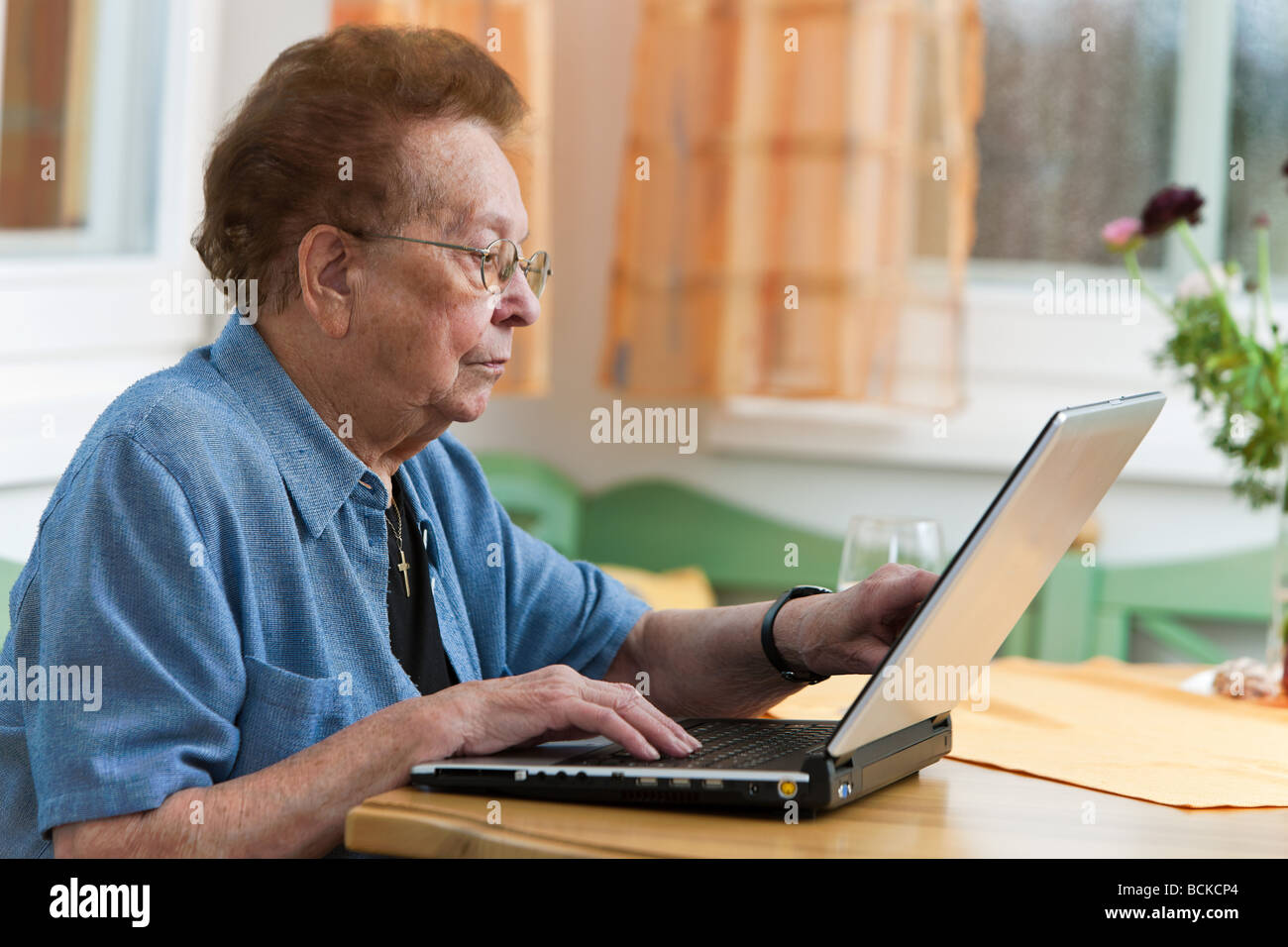 Old woman with a laptop writes e-mail Stock Photo - Alamy