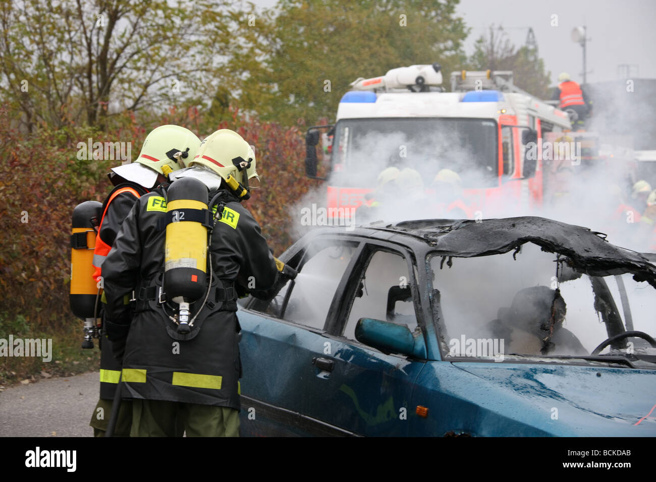 training of rescue and fire accident with car Stock Photo - Alamy
