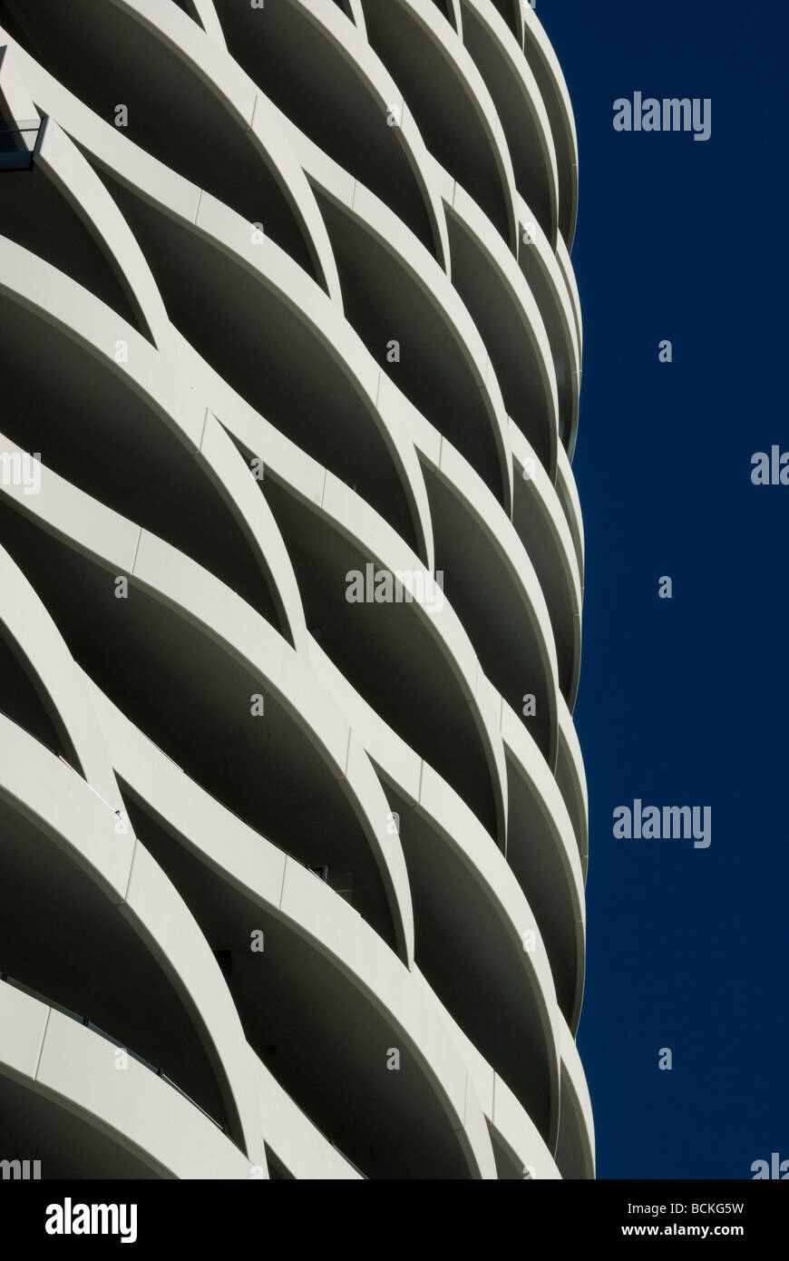 Curved balconies of apartments, tower block, high rise building ...