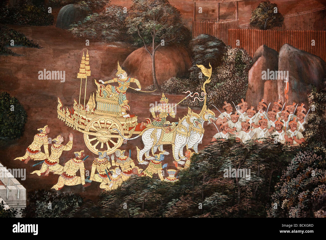Thailand, Bangkok. A panel of the ancient Ramayana wall mural in the ...