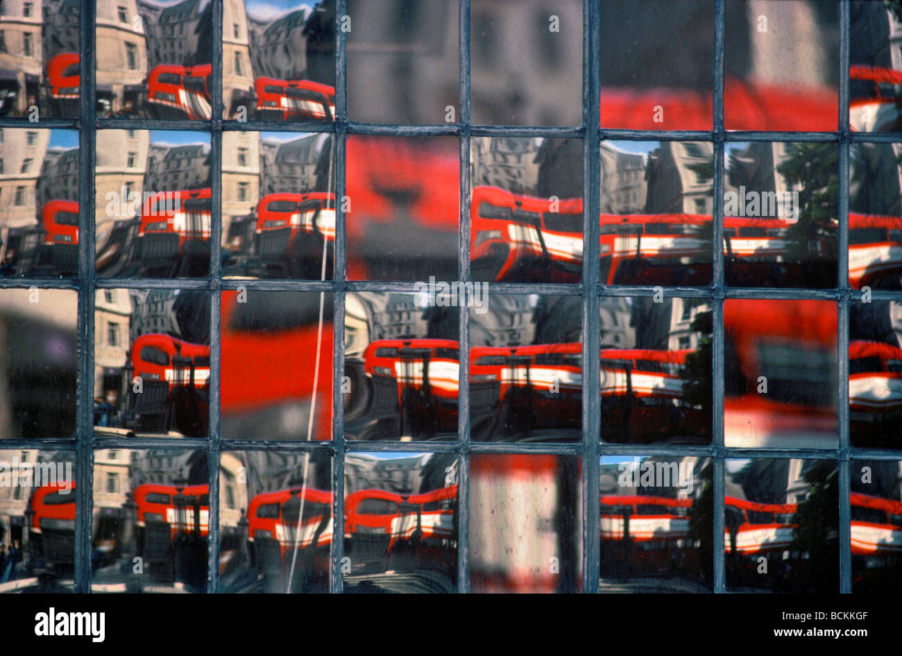 London bus reflected in church window, Piccadilly, London Stock Photo ...