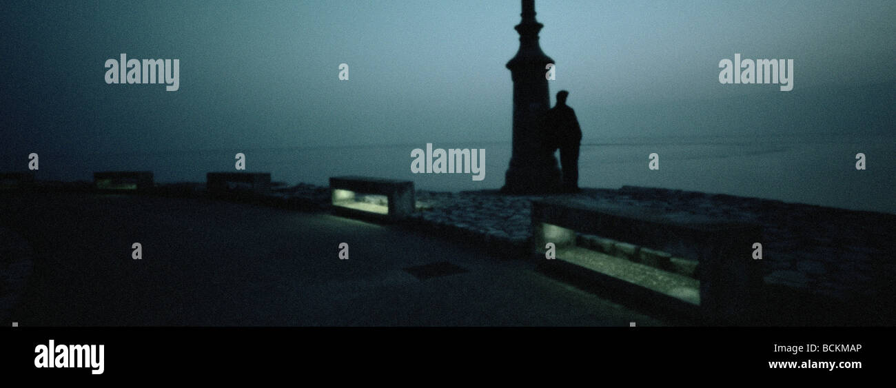 Person leaning against lamp post next to sea, panoramic view Stock ...