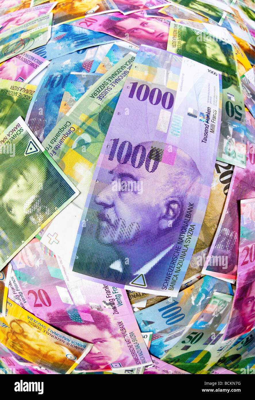 Many Swiss Francs banknotes of Switzerland Stock Photo - Alamy