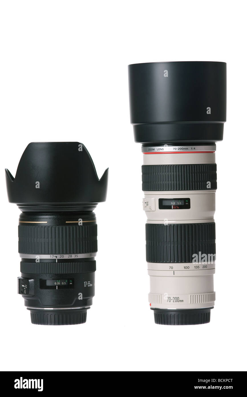 two professional camera lens on white background Stock Photo - Alamy