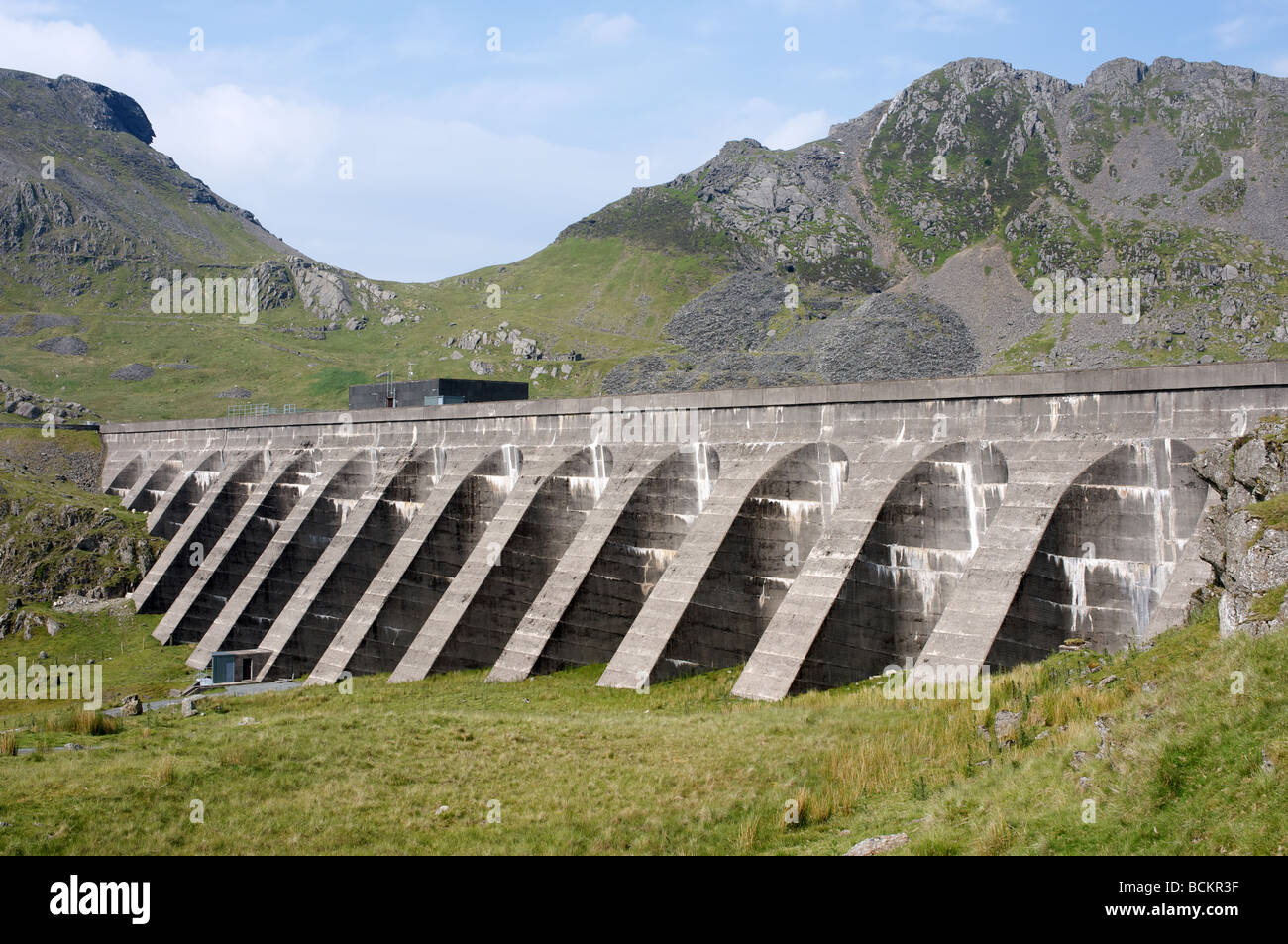 The upper reservoir (Llyn Stwlan) and dam of the Ffestiniog pumped ...