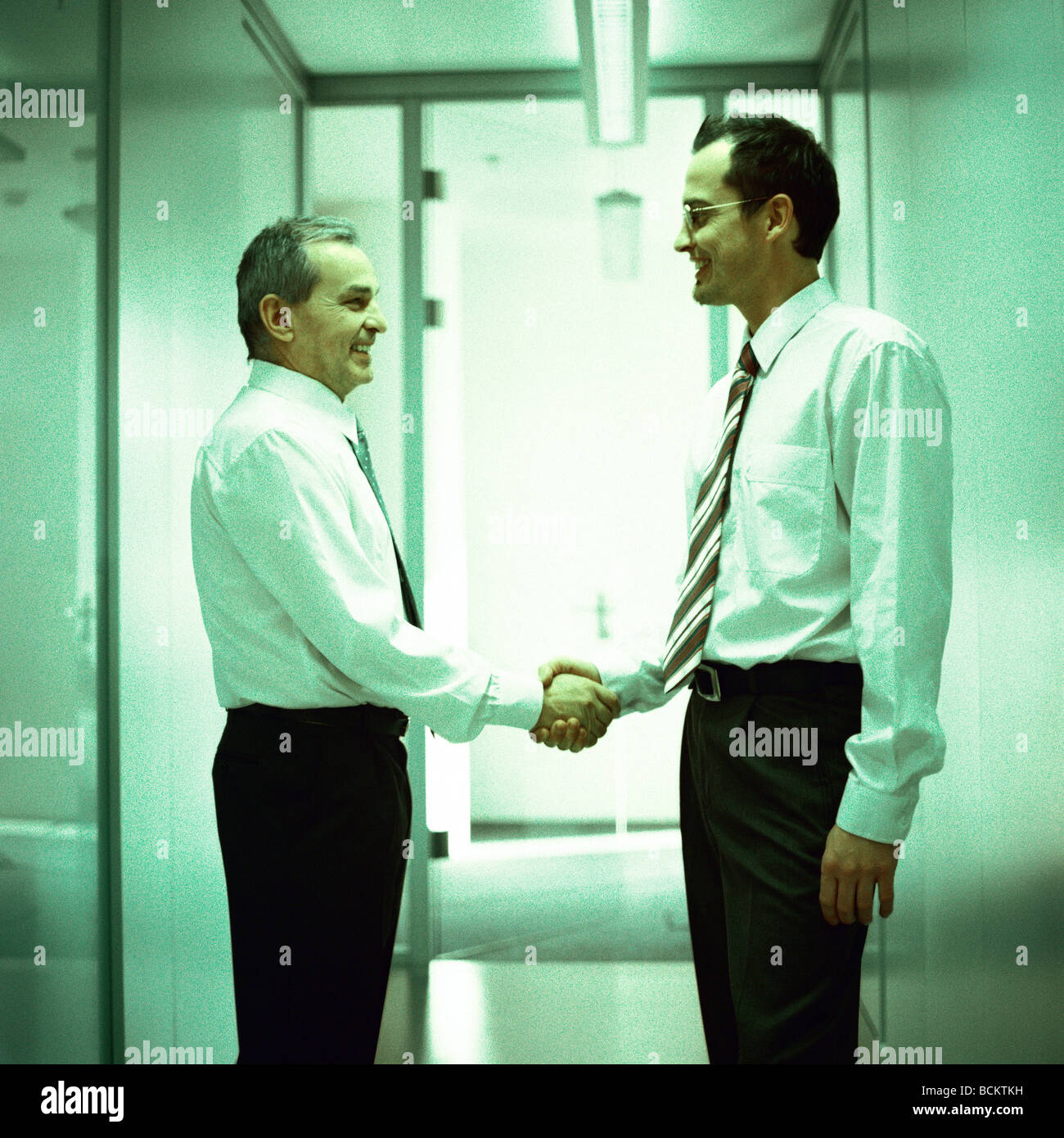 Two businessmen standing shaking hands, face to face, side view Stock ...