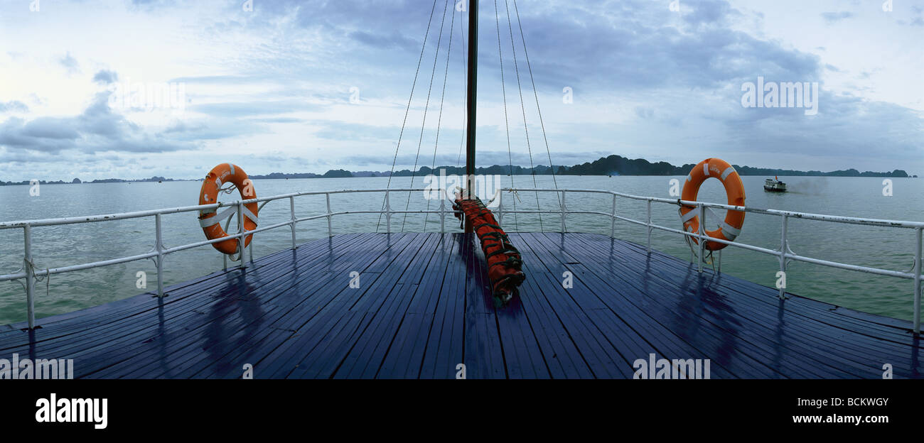 Deck of boat with life rings under cloudy sky Stock Photo - Alamy