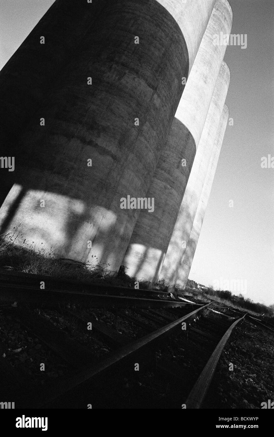 Railtracks and Silos, b&w Stock Photo - Alamy