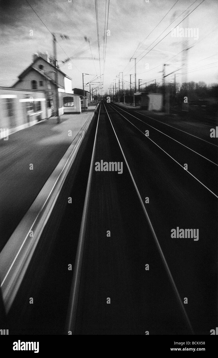 Train station, b&w, blurred motion Stock Photo - Alamy