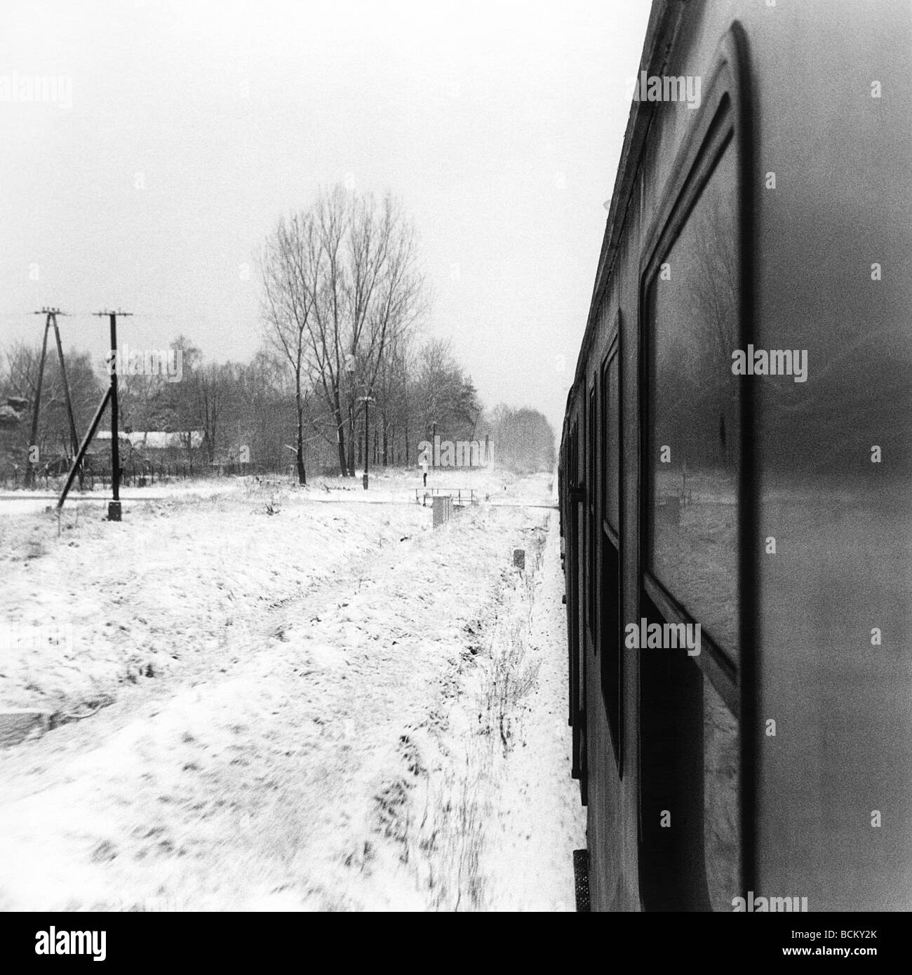 Train in snow, seen from train window Stock Photo - Alamy