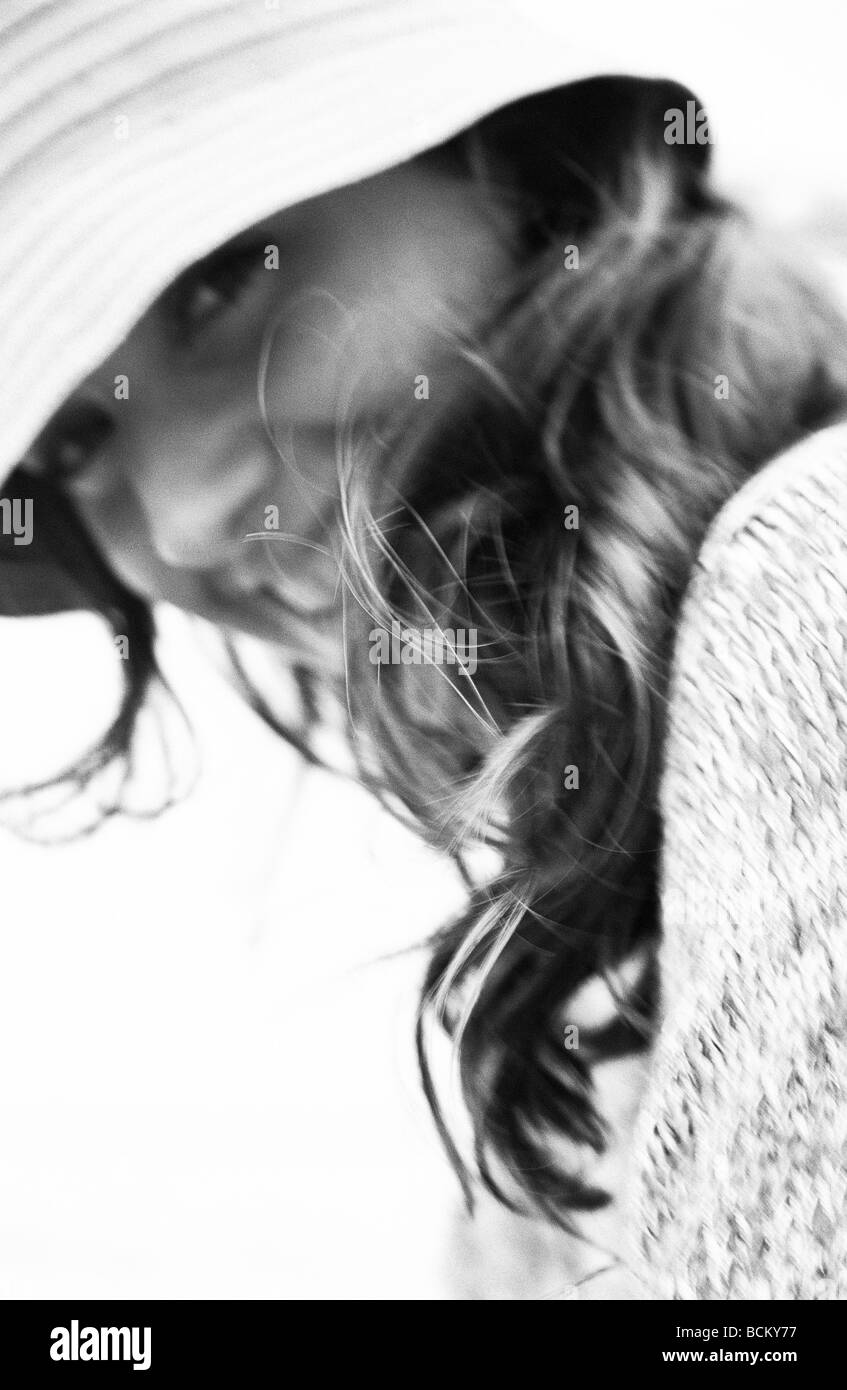 Woman wearing hat, close-up, b&w Stock Photo - Alamy