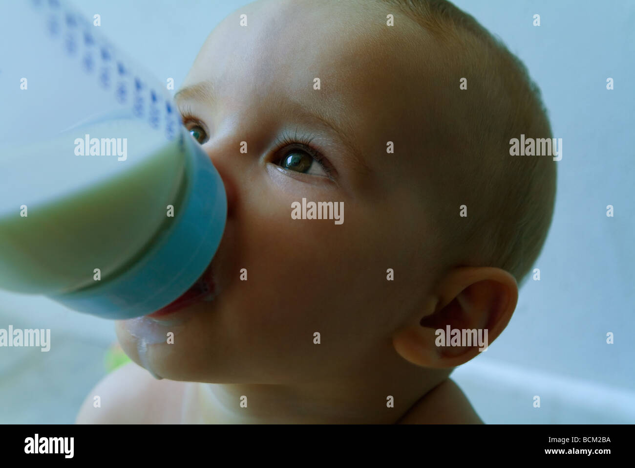 Baby drinking milk from bottle, looking up, close-up Stock Photo - Alamy