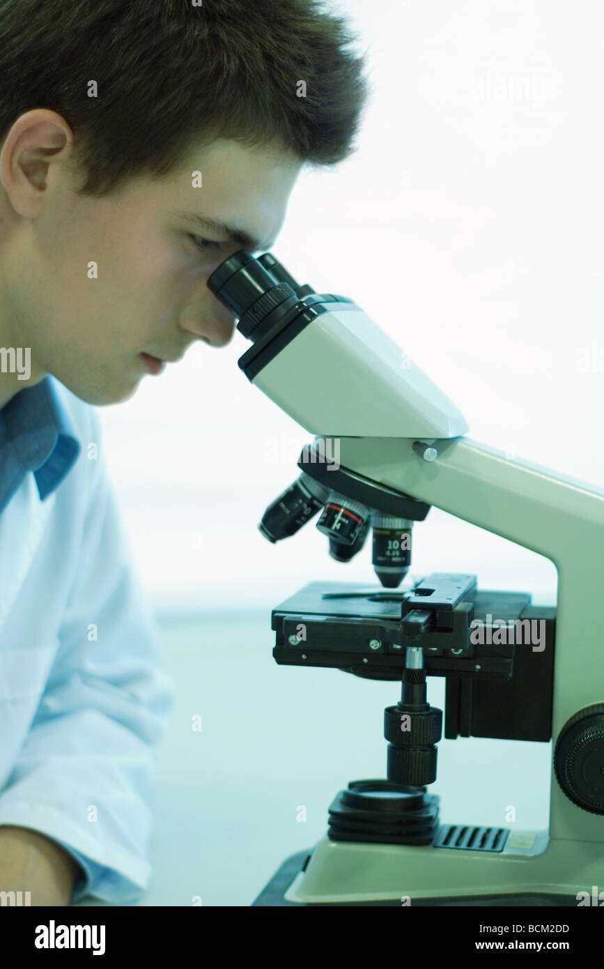 Male scientist looking through microscope, side view Stock Photo - Alamy