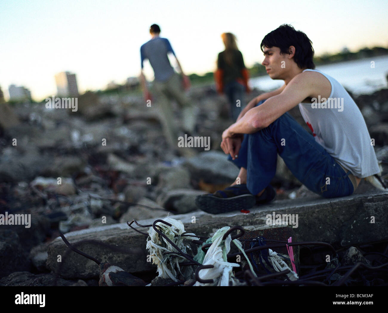 Young adults on rocky shore, young man sitting in foreground while two ...