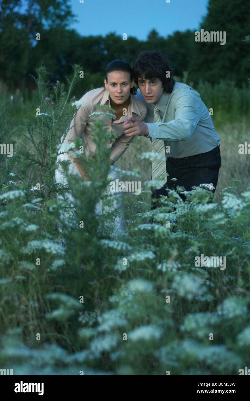 Couple in field, bending over to look at wildflowers Stock Photo - Alamy