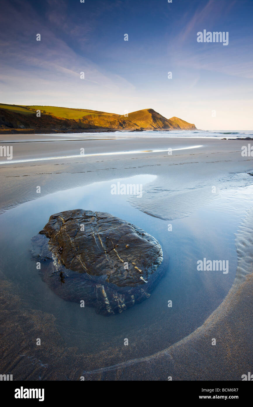 Rockpool on the sandy beach at Crackington Haven Cornwall England ...