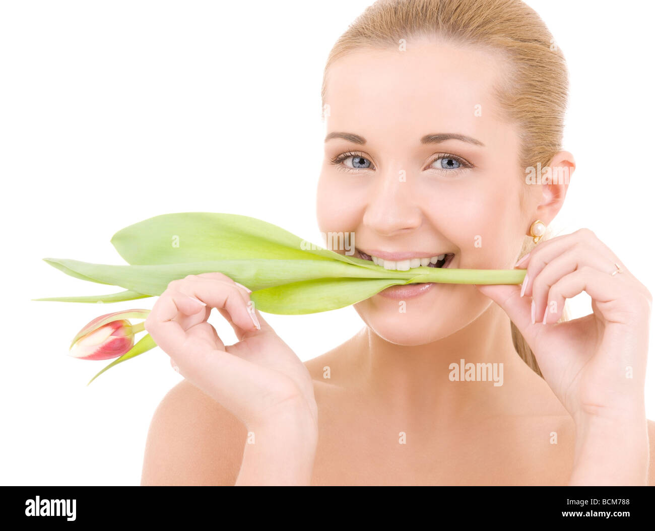 picture of happy woman with flower over white Stock Photo - Alamy