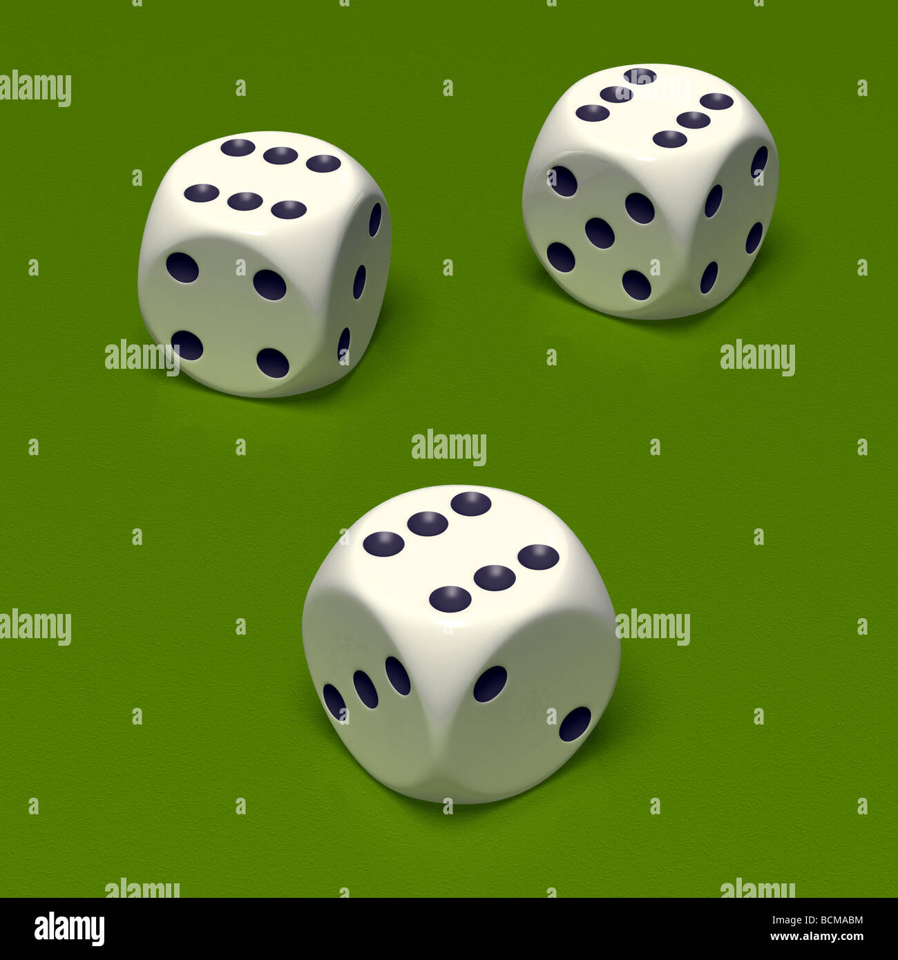 Three white dice on green background Triple six Stock Photo - Alamy