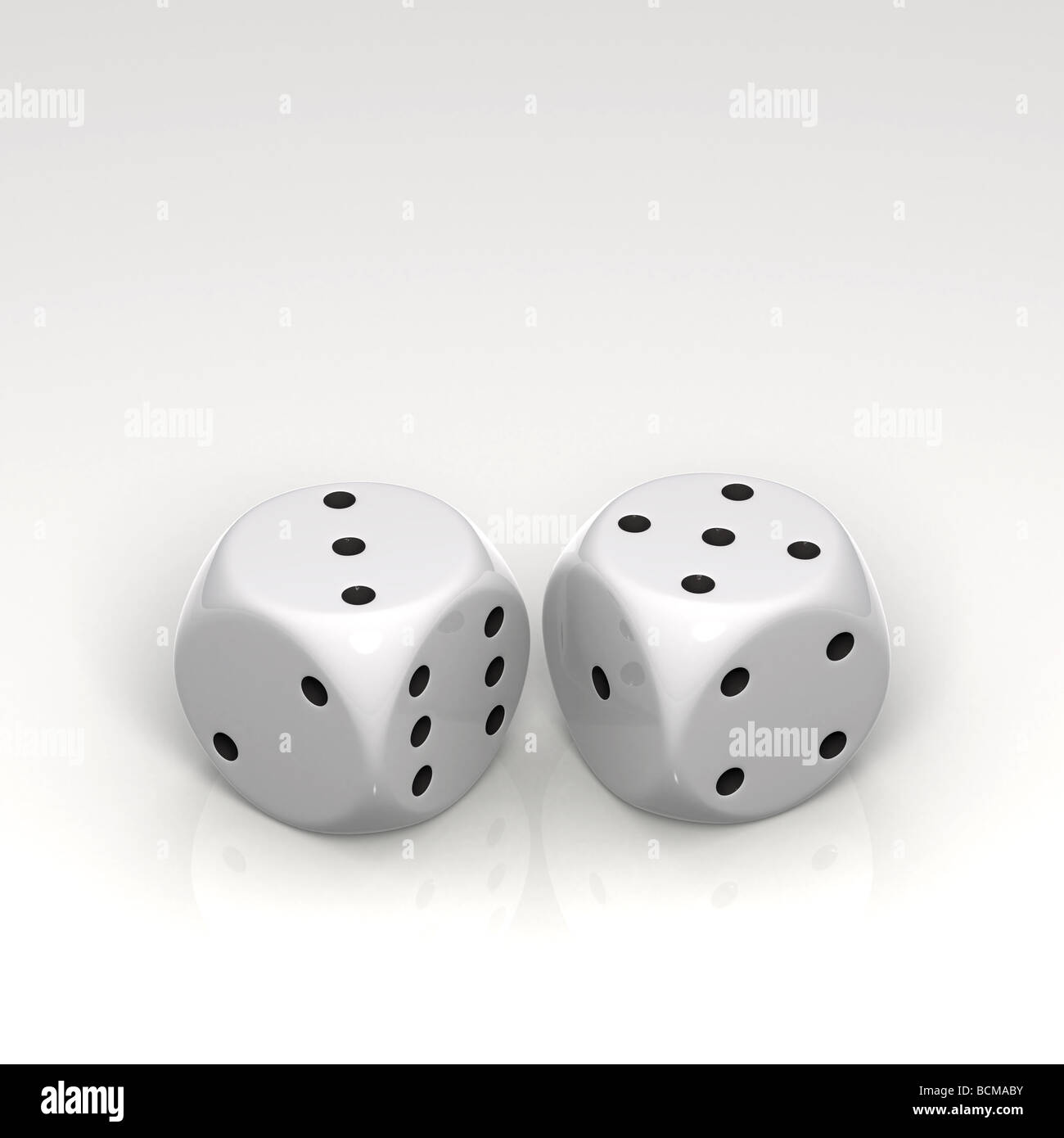 Two white dice showing three and five in white background Stock Photo ...