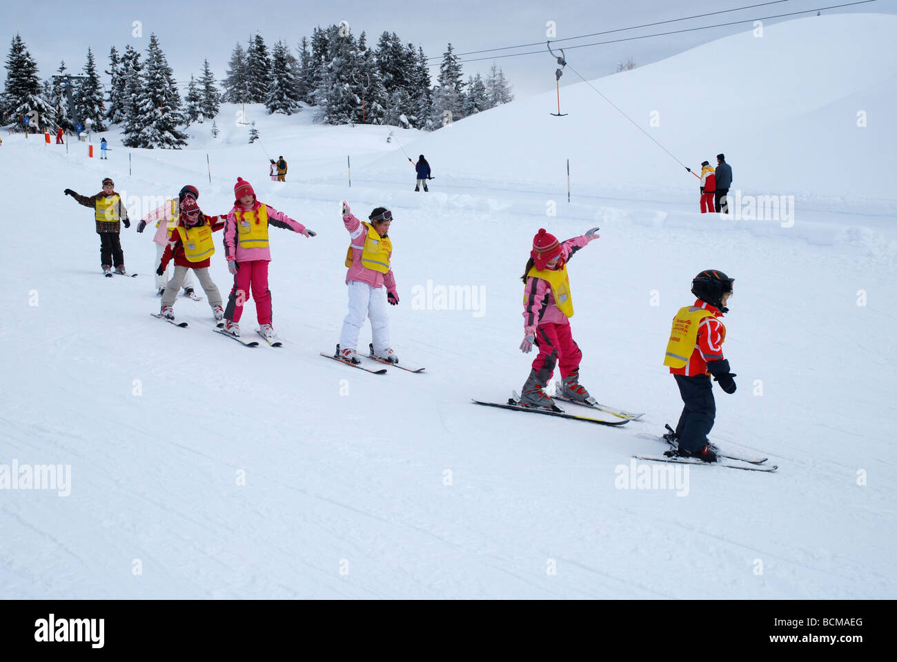 young children in ski class on mountain slope Zillertal Tirol Stock ...