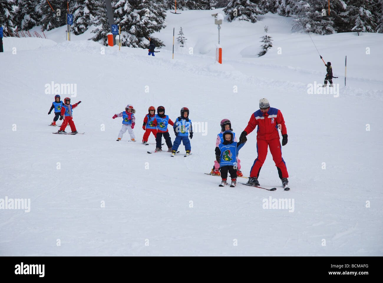 young children in ski class on mountain slope Zillertal Tirol Stock ...