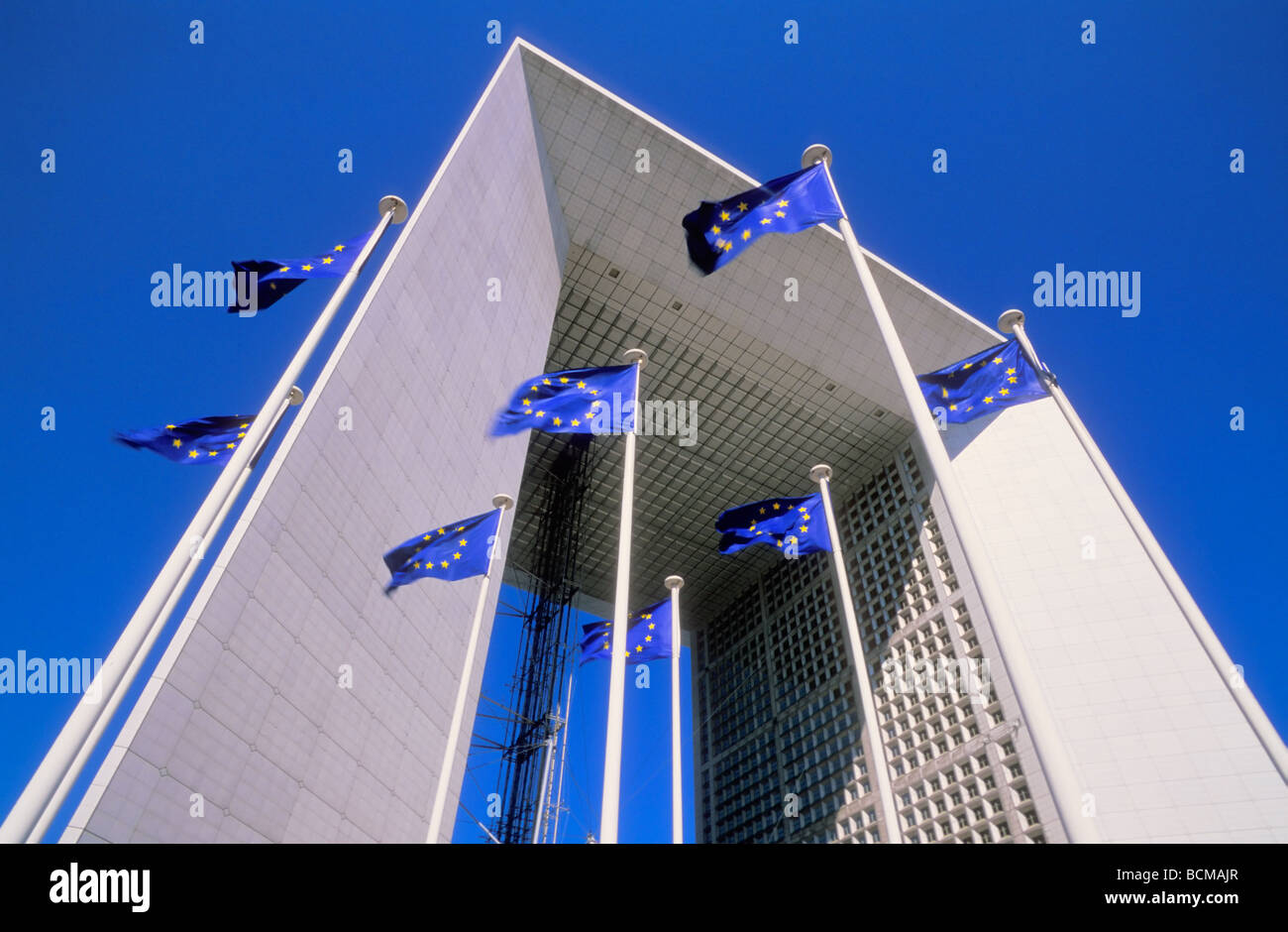 Paris France EU Europe EU flags at the Grande Arche La Defense Stock ...