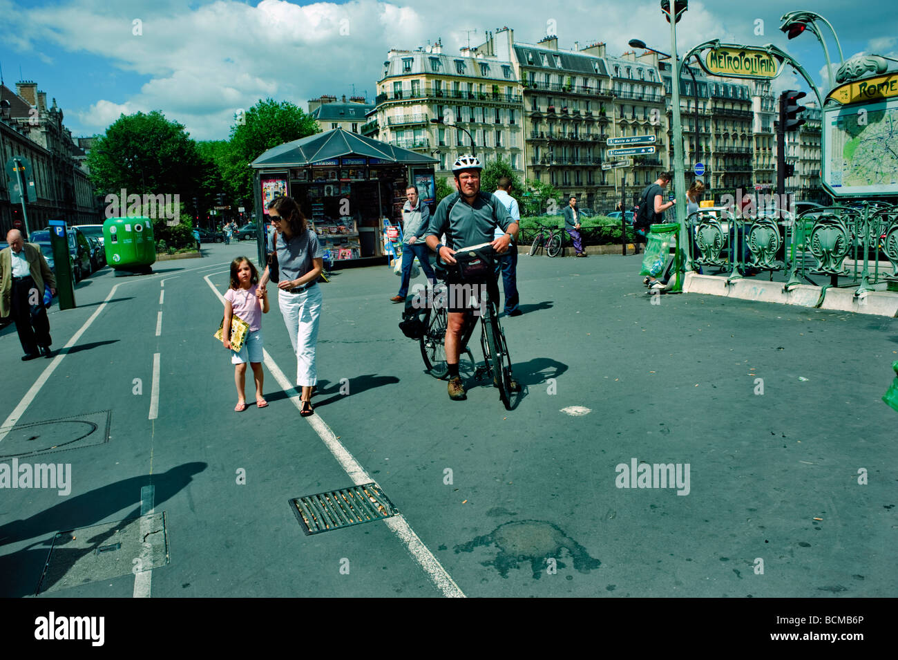Paris France, Street Scene, Pedestrians and Bicyclists Sharing Sidewalk ...
