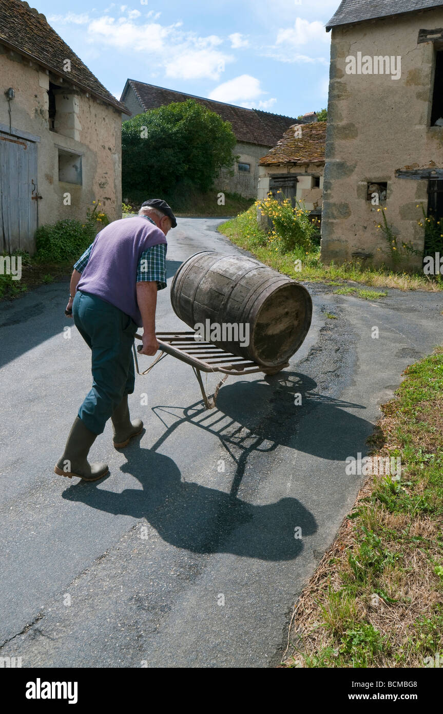Farmer pushing wine barrel on handcart - sud-Touraine, France Stock ...