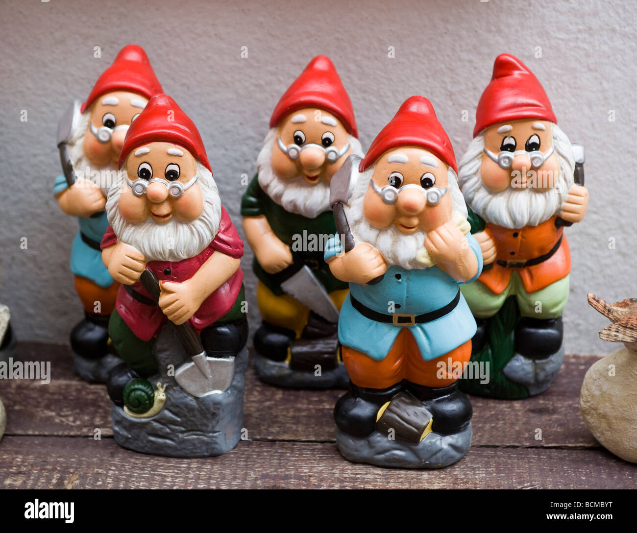 Five Garden Gnomes on Sale in Lynton North Devon England Stock Photo ...