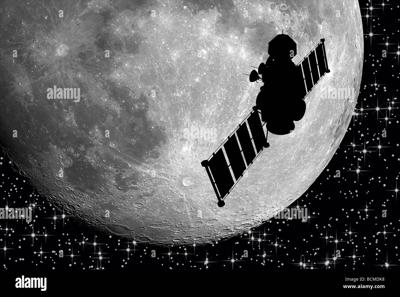 computer generated space vehicle flying by the moon Stock Photo - Alamy