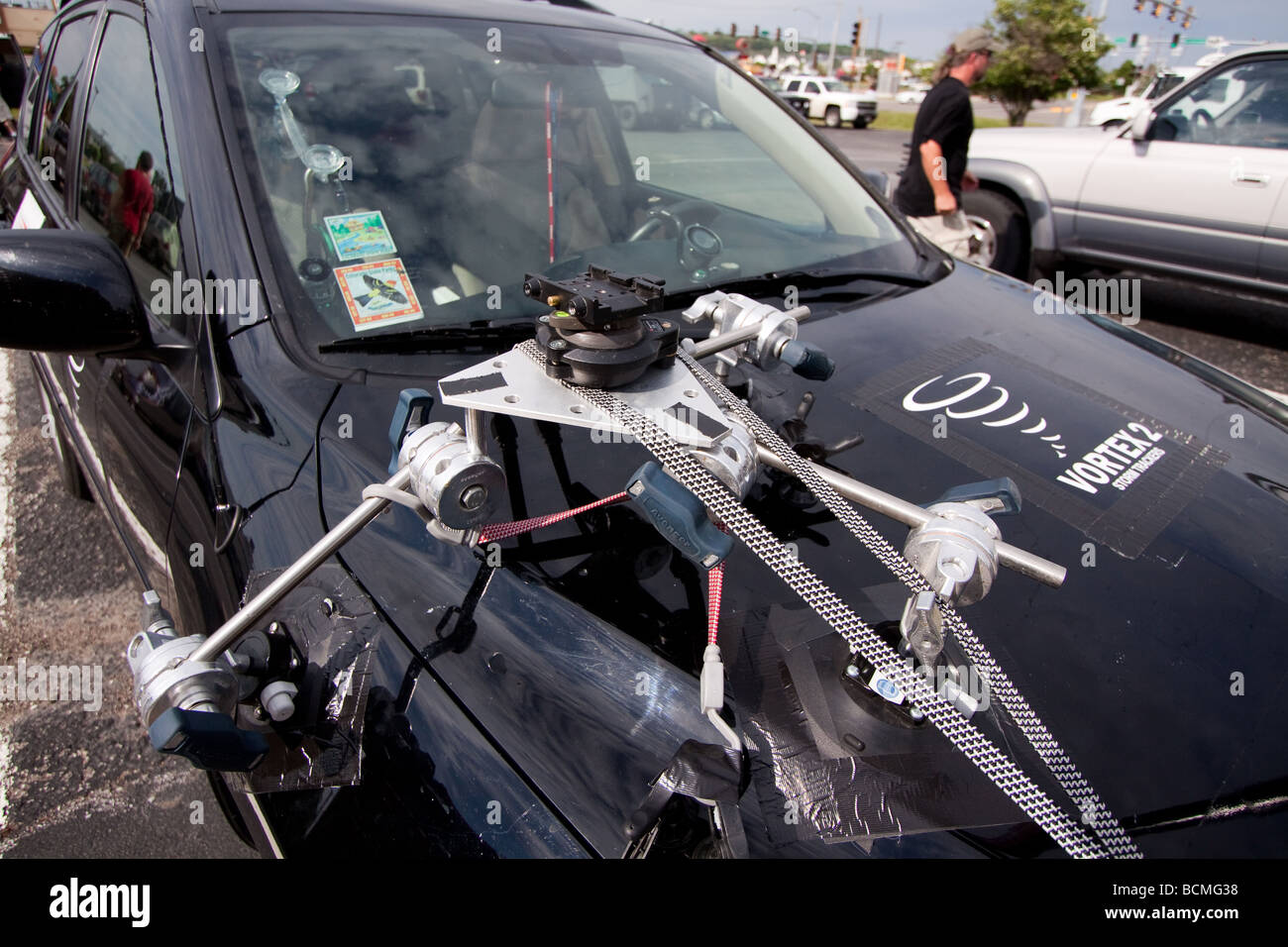 A mobile camera video mount on the hood of a car in Council Bluffs Iowa ...