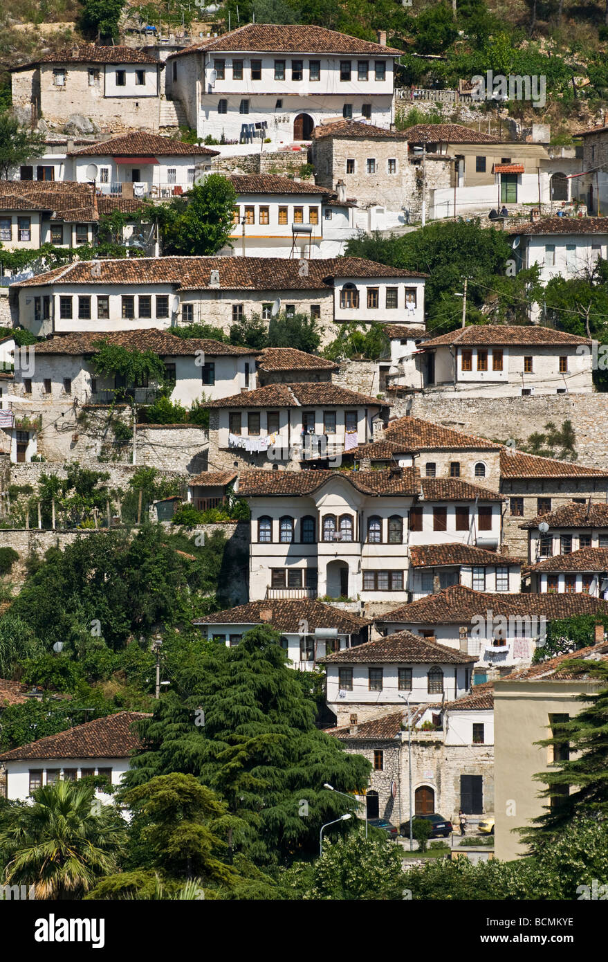 The Mangalemi district of Berat with its ottoman period houses in the ...