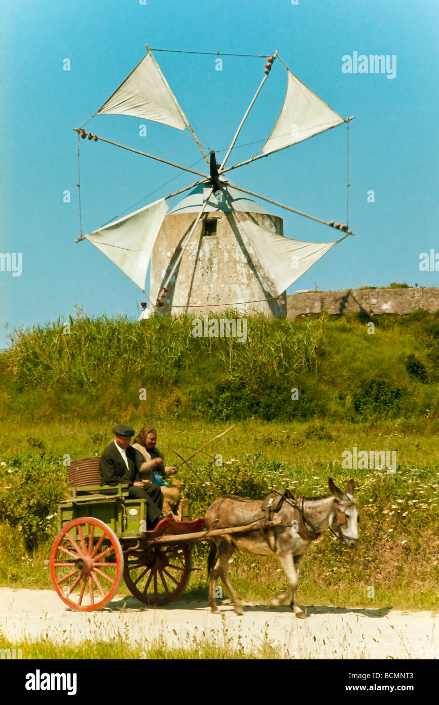Windmill farm couple farmers donkey wagon Scenics Portugal Europe Stock ...