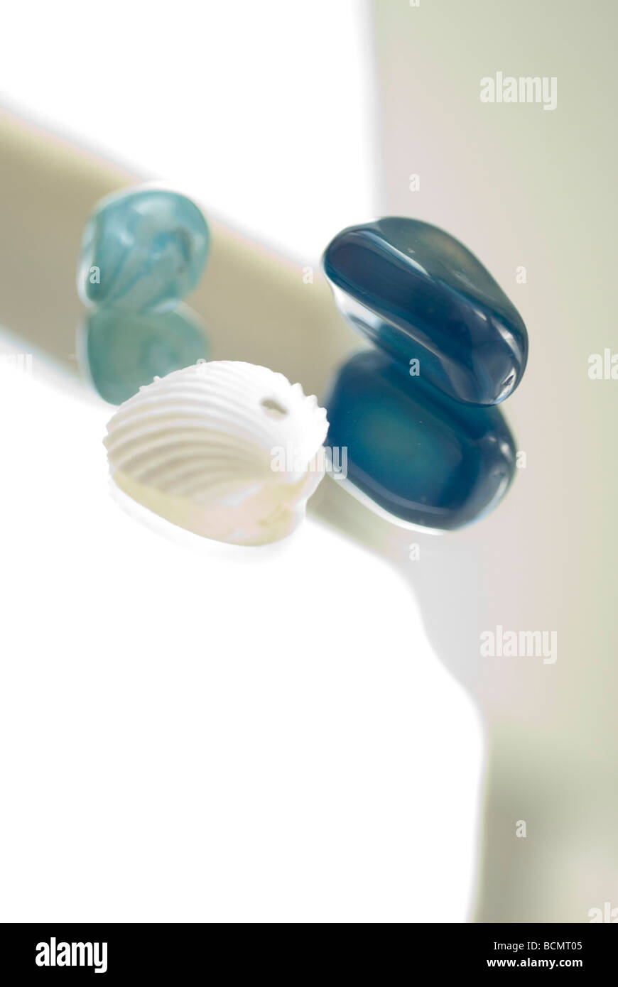 white small shell, precious stones in blue Stock Photo - Alamy