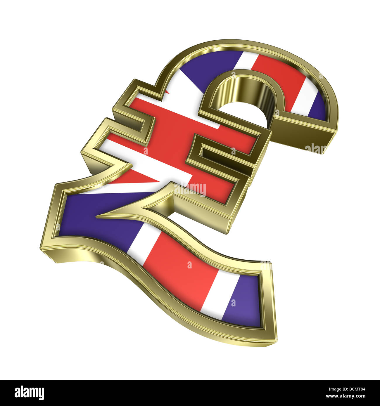 Gold sign of the pound sterling with the flag of Great Britain isolated ...