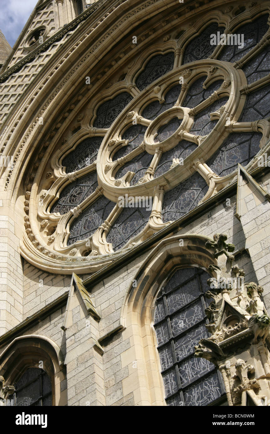 City of Truro, England. Close up angled view of the rose window located ...