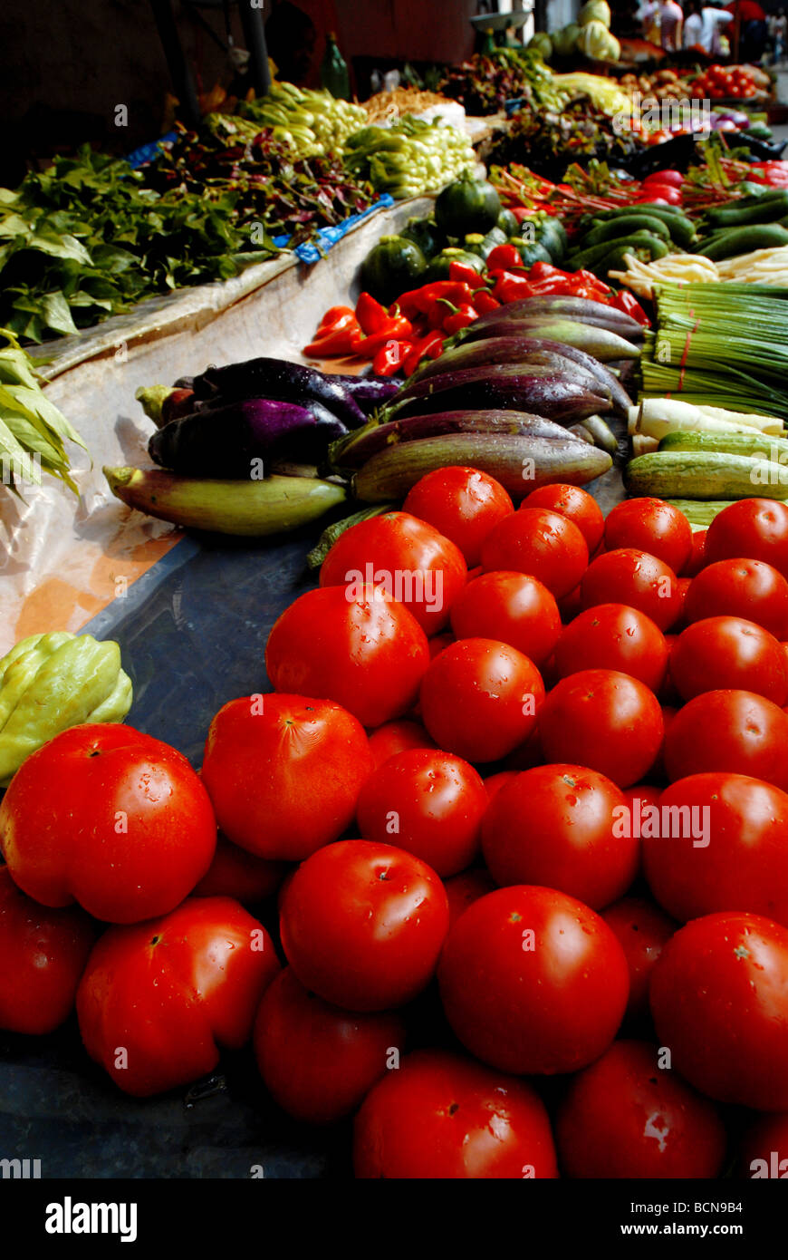 Ripe vegetables sold in local farmers market, Chengdu, Szechwan ...