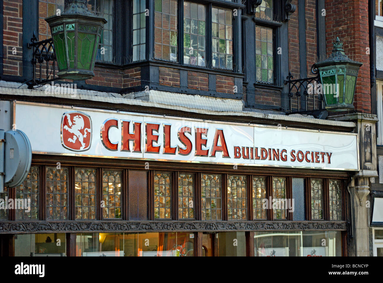 branch of the chelsea building society in a mock medieval building ...
