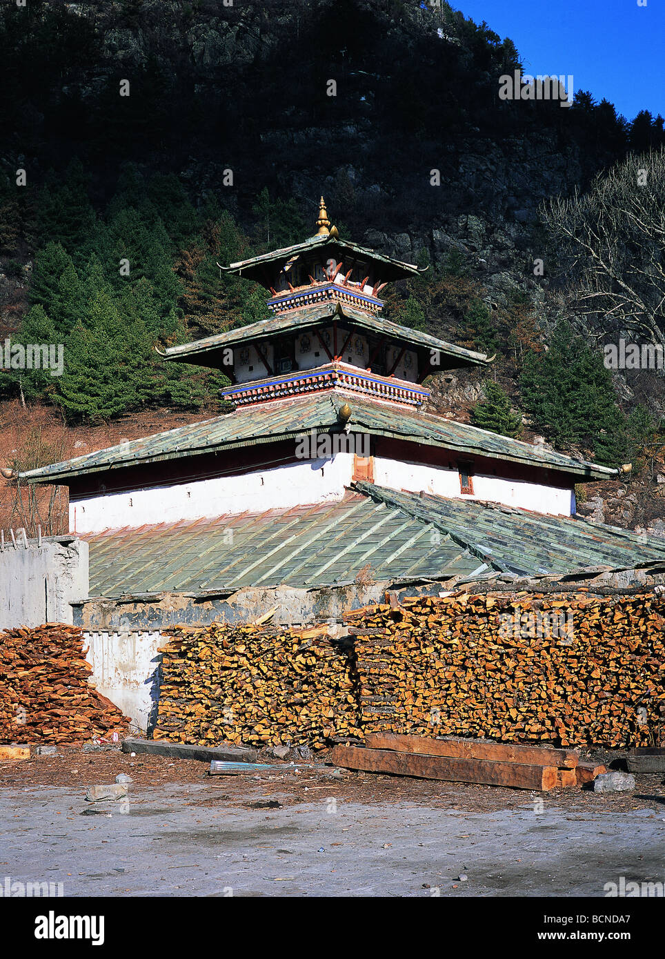 Traditional Tibetan shrine in a small Tamang ethnic minority village ...